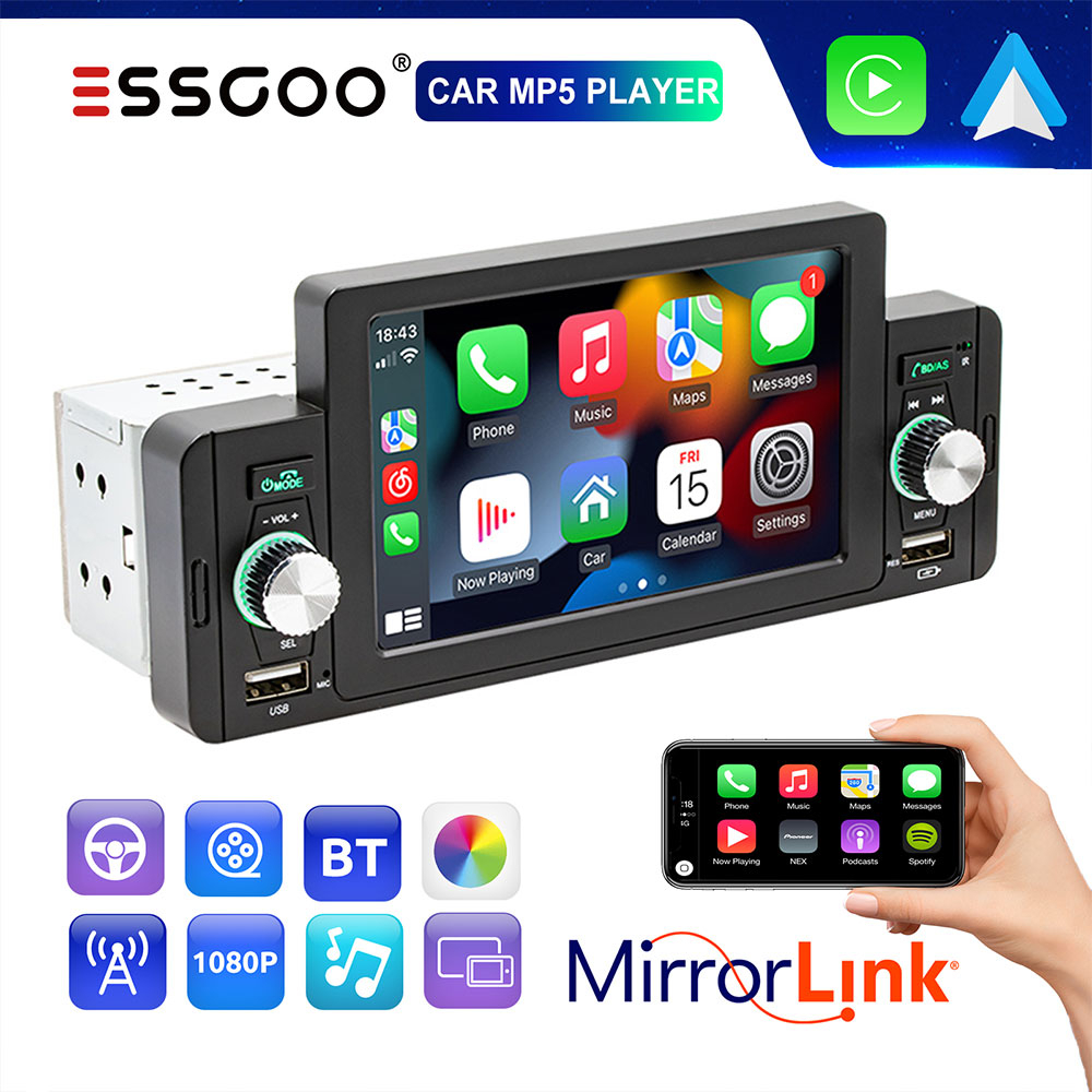 ESSGOO Single 1 Din 5" Car Player Bluetooth Multimedia MP5 Player With Carplay Android Auto FM ...