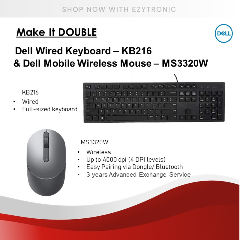 Dell KB216 & MS3320W Keyboard & Mobile Wireless Mouse for office work ...