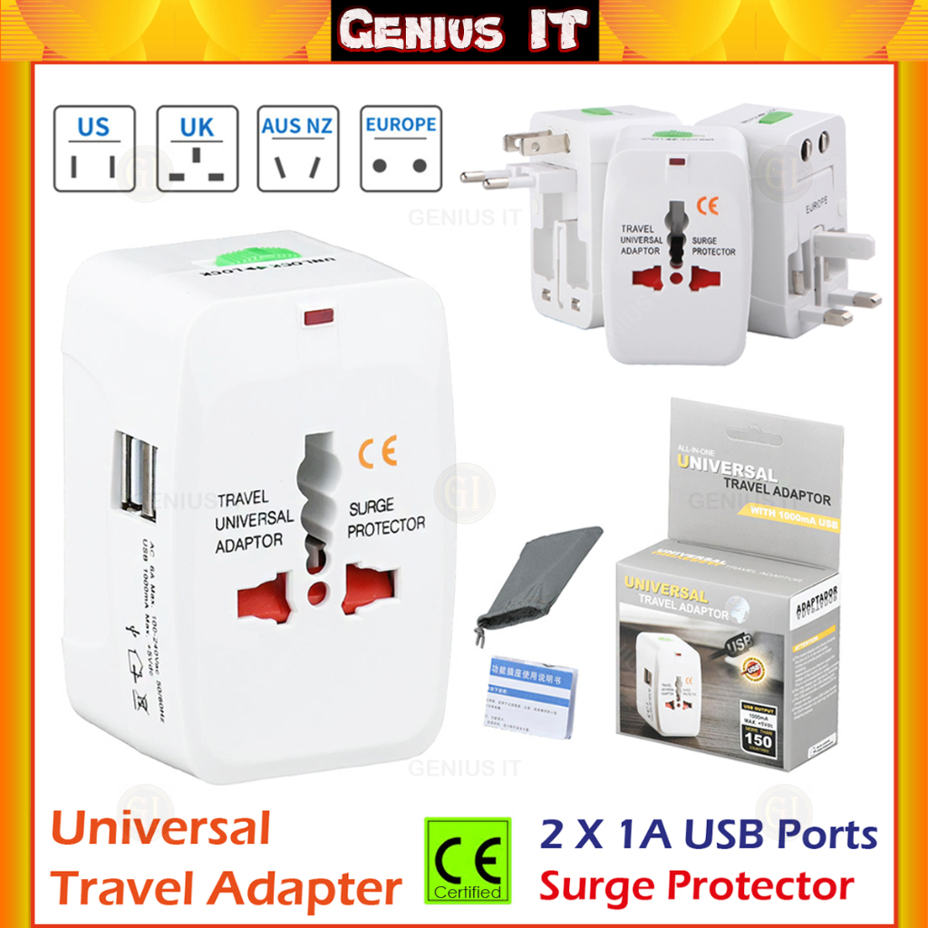 All in One Universal Travel Adapter with 2 USB Charger Ports and Surge ...