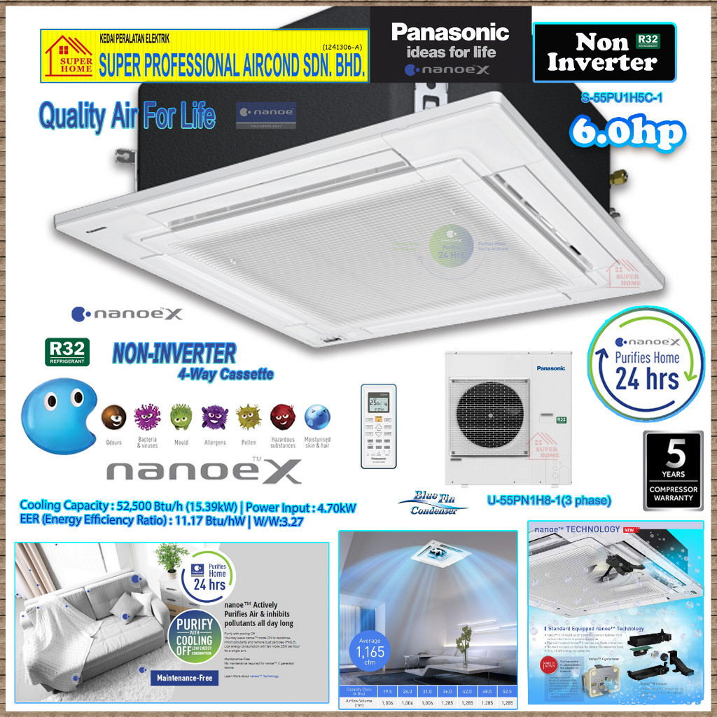Panasonic 6.0hp Ceiling Cassette Air Conditioner S-55PU1H5C-1 & U ...