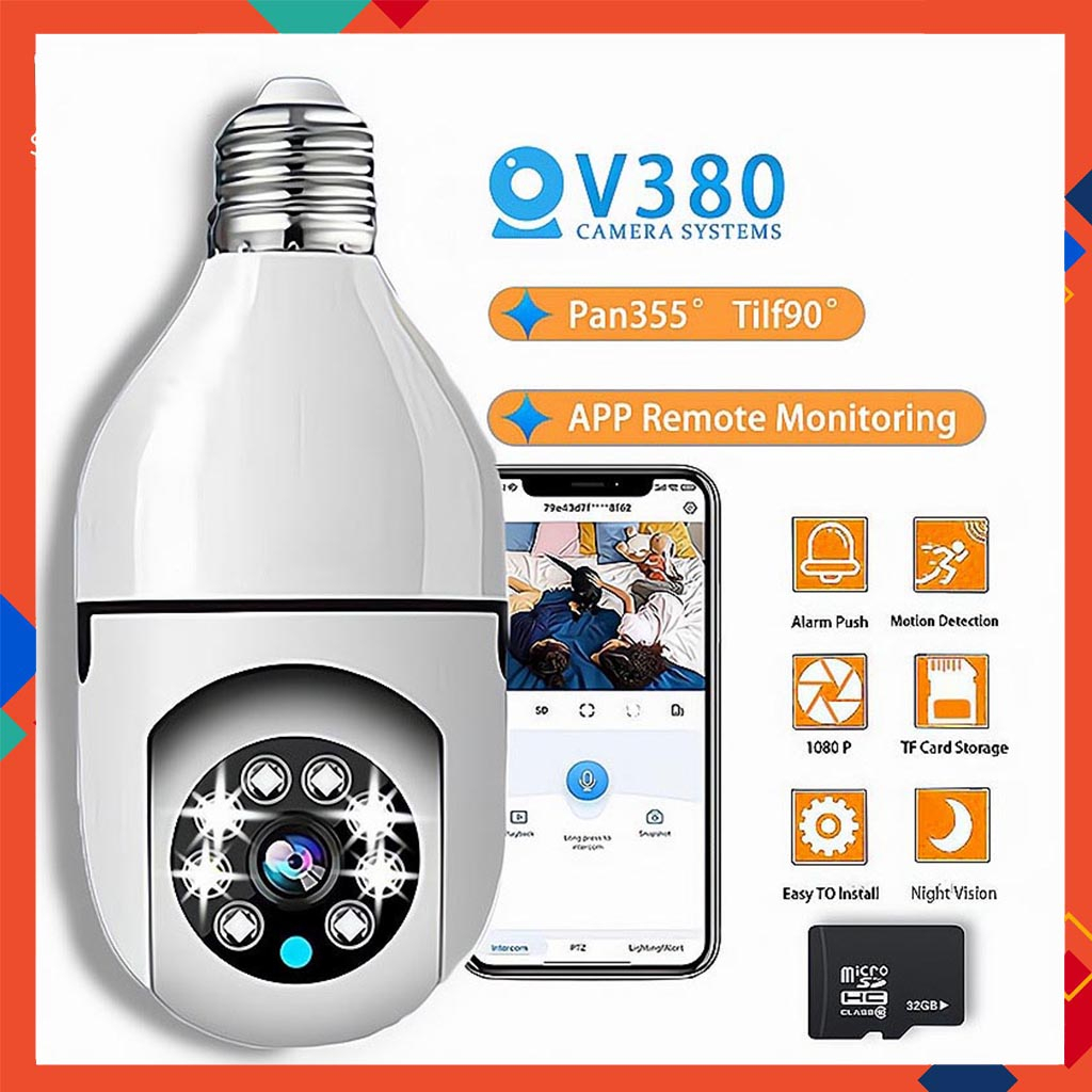 IP Camera V380 Pro 1080P HD Night Vision PTZ Rotating Bulb Camera Two ...
