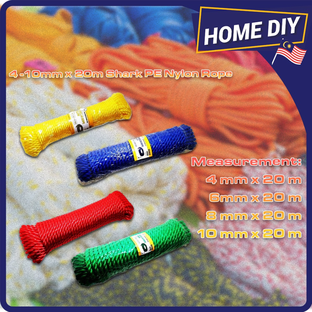 Shark PE Nylon Rope 4-10mm x 20meter (Yellow/Red/Blue/Green) / Tali ...