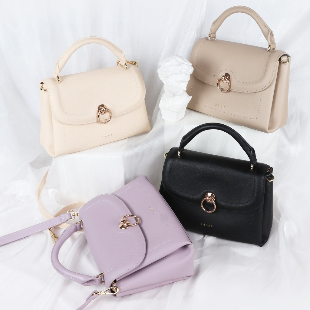 SAIME 真皮圓環扣手提包 Leather Front Flap Top Handle Bag | Shopee Malaysia
