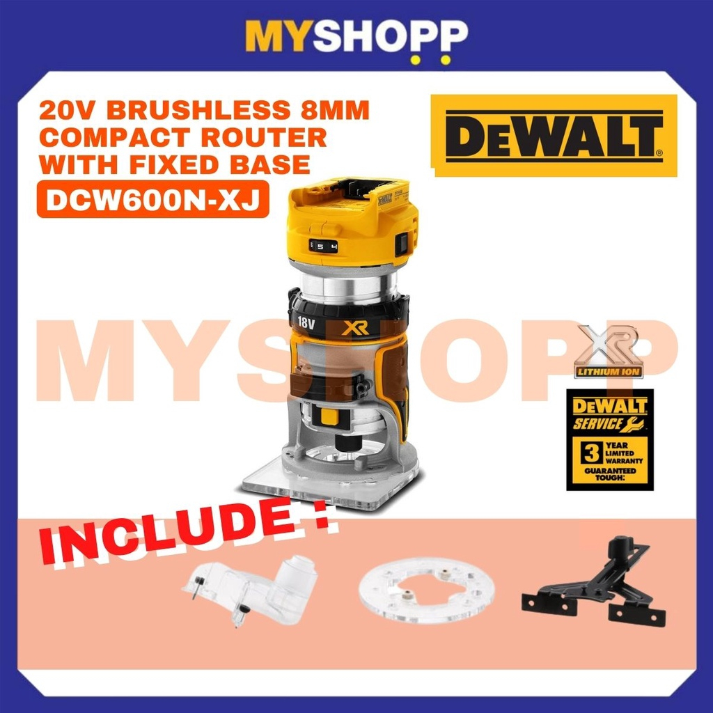 DEWALT DCW600N-XJ 20V Brushless 8mm / 1/4" Router with Fixed Base (Bare ...