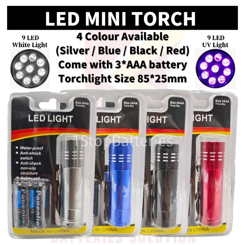 Metal Mini Torchlight 9 LED White Light & UV Lamp Included with 3*AAA ...