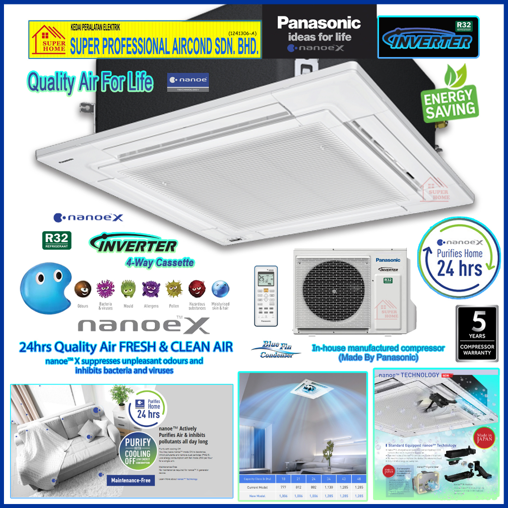 Panasonic Ceiling Cassette Inverter Air Conditioners ((2.0hp - 5.5hp)) R32 Inverter 4-way ...