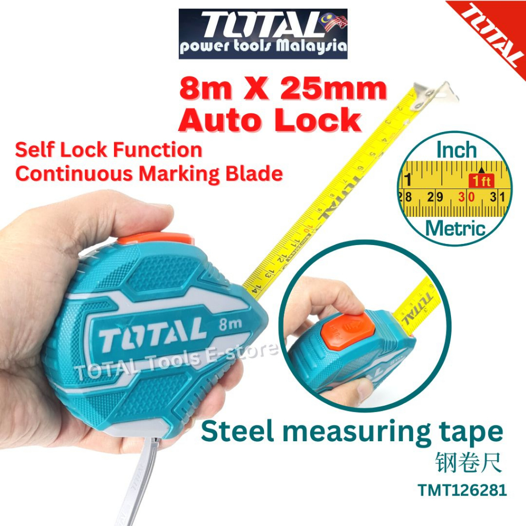 TOTAL Auto Lock function Steel measuring tape 8m x 25mm 钢卷尺 - TMT126281 ...