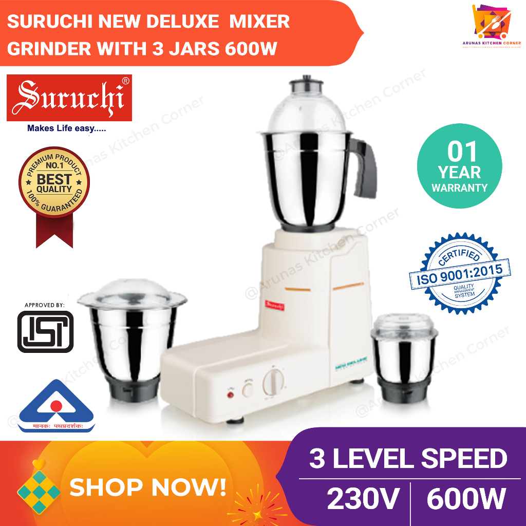 Suruchi Neu Deluxe Mixer Grinder with 3 Jars - 600Watt -MG0016 | Shopee ...