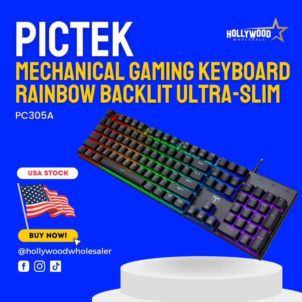 PICTEK Mechanical Gaming Keyboard Full Size, Rainbow Backlit Ultra-Slim ...