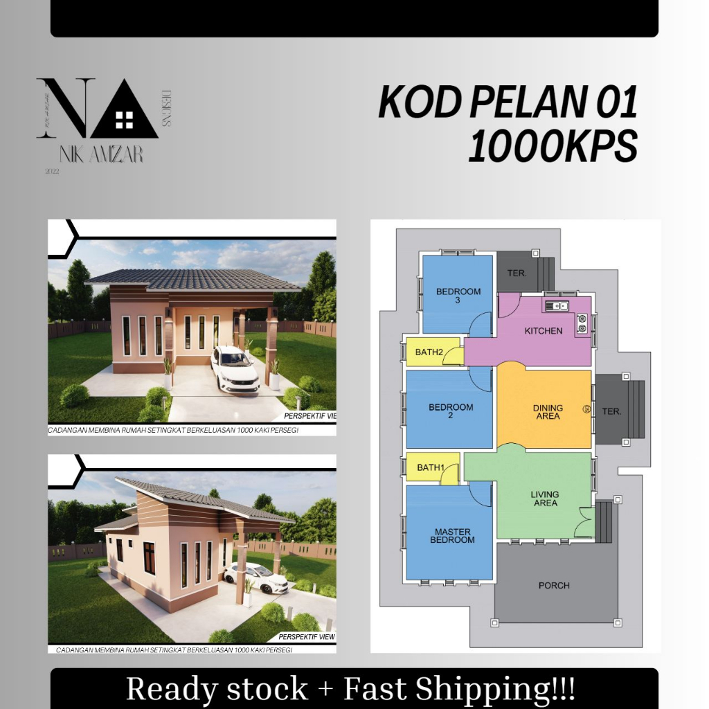 PELAN RUMAH KOD 01 (1000KPS)(3 BILIK TIDUR) PELAN RUMAH 3D + PELAN ...
