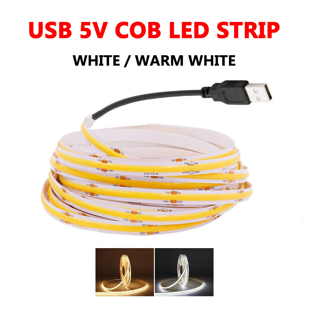 USB COB LED Strip Light DC 5V Flexible Tape Lights White Warm White ...