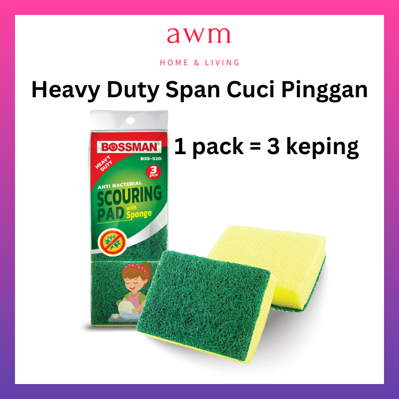 AWM Bossman Heavy Duty Thick Double Sided Scouring Pad Sponge Green ...