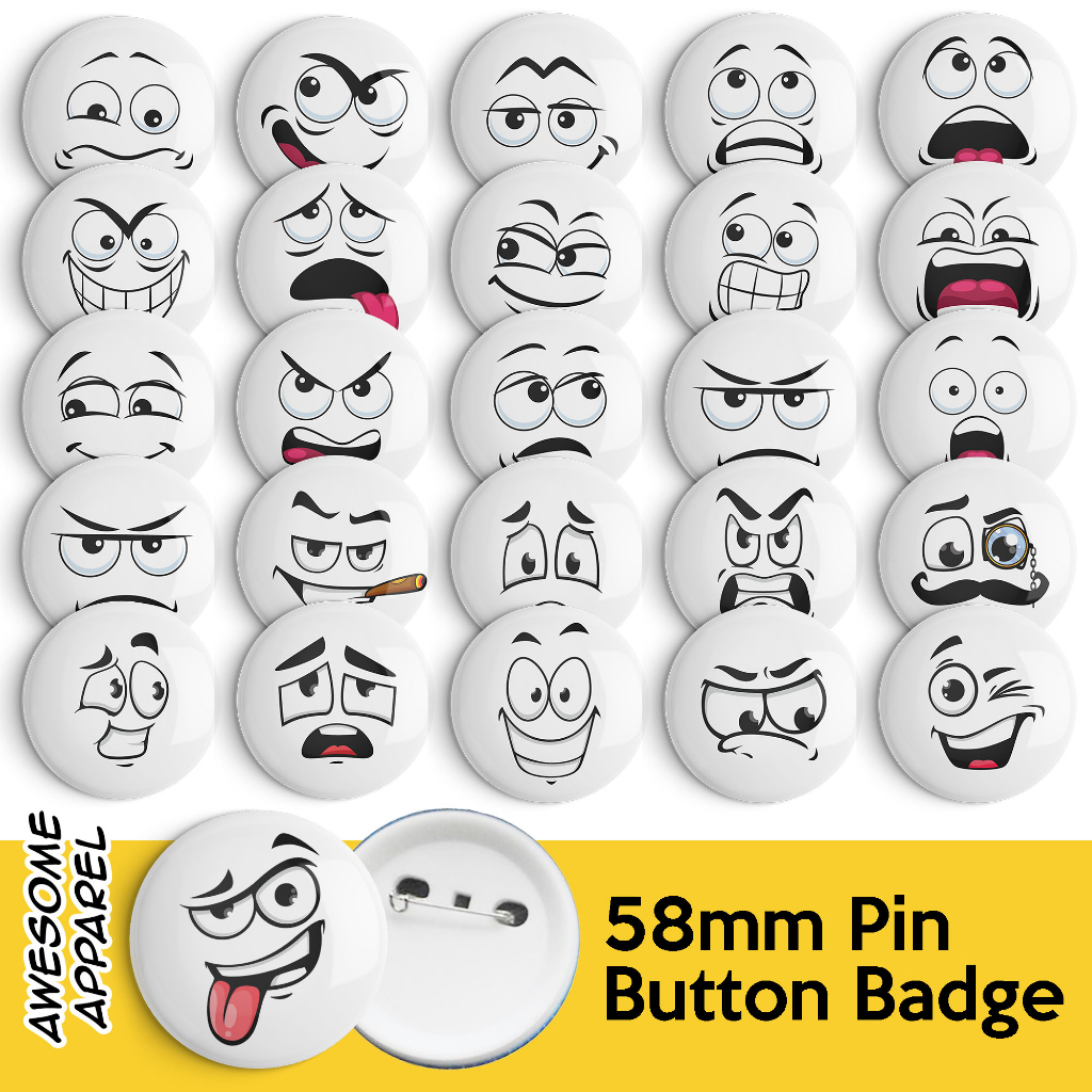 Funny Faces Expressions Designs 58mm Button Badge with Pin (Z951-Z999 ...