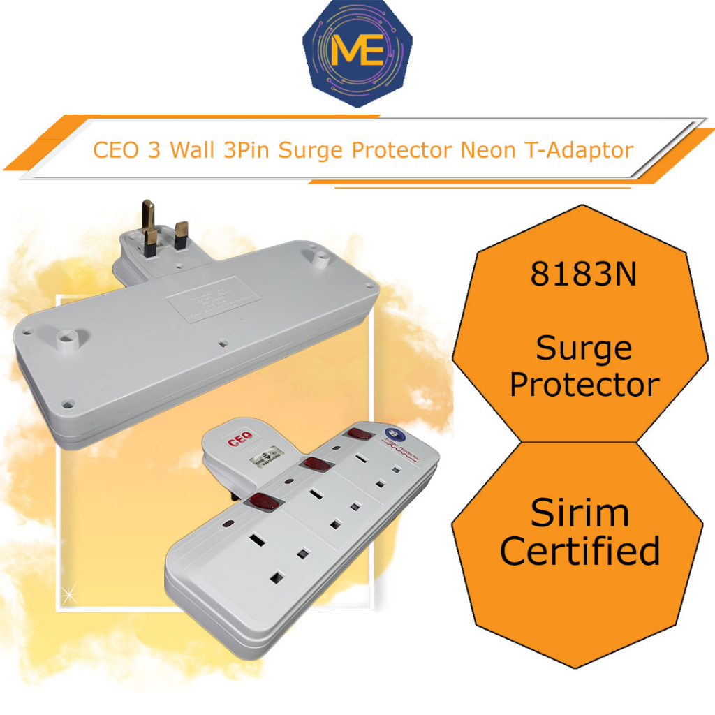 (SIRIM) CEO 3 / 4 Wall 3Pin Surge Protector Neon Indicator T-Adaptor Adaport Extension Socket ...