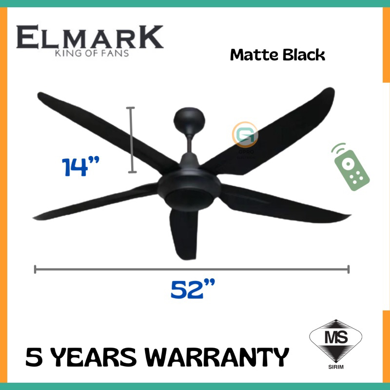 ELMARK REMOTE CEILING FAN 52” VIFAST AC MOTOR MATTE BLACK | KIPAS ...
