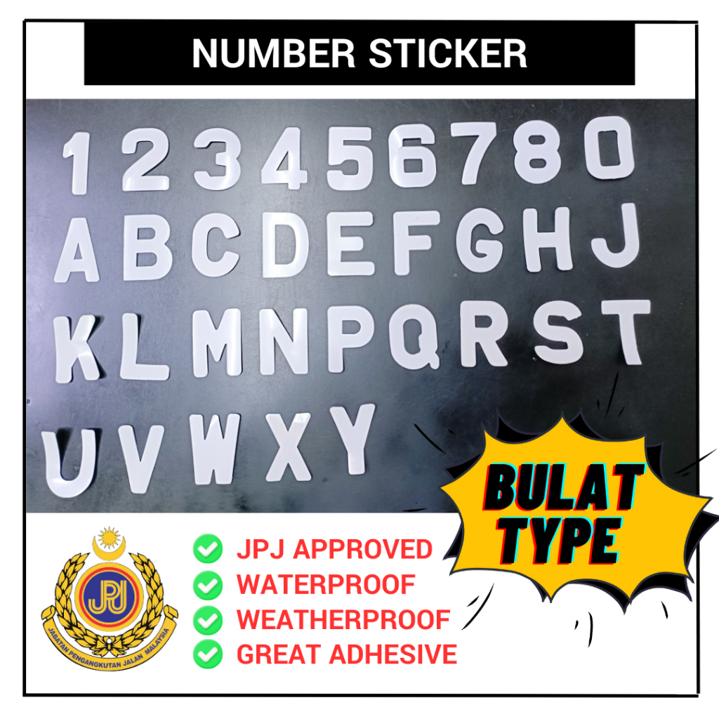 JPJ APPROVED BULAT/CIRCLE Number Plate Sticker Motorcycle ABC 123 White ...