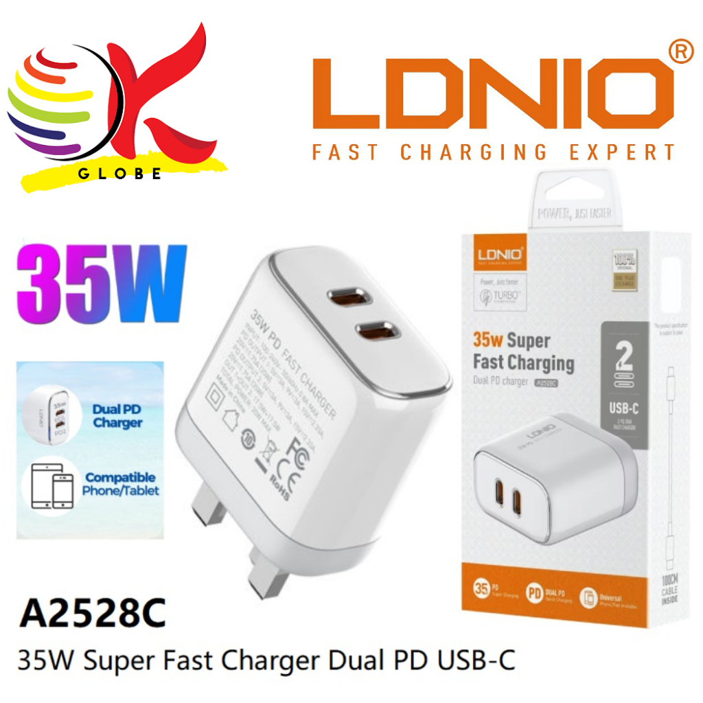 LDNIO A2528C 35W SUPER FAST CHARGE USB CABLE CHARGES POWER ADAPTER WITH ...