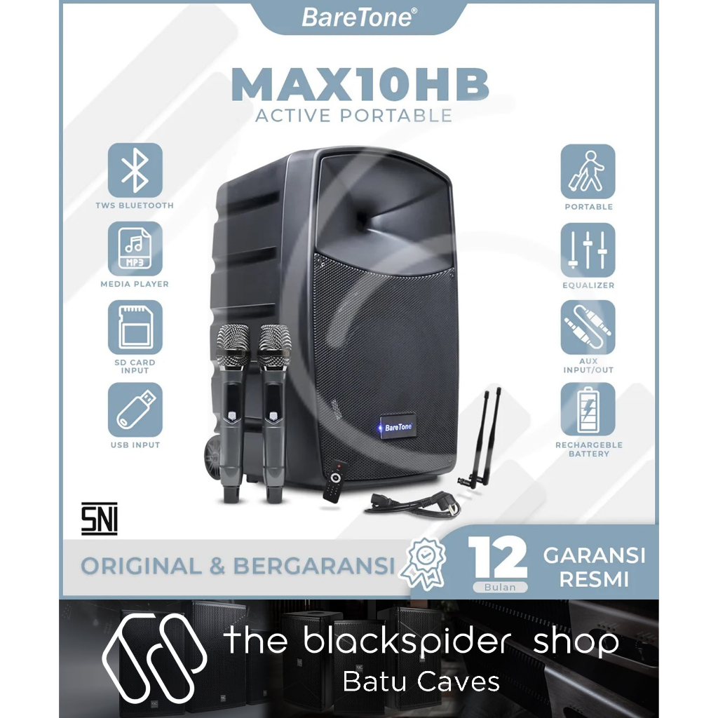 Baretone MAX10HB 10" Portable Speaker with Two UHF Wireless Microphone ...