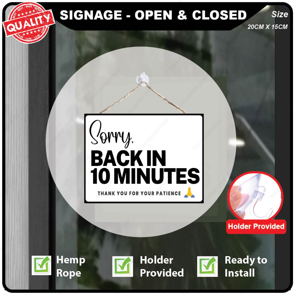 Open Close Sign Signage,Solat Sebentar, Sorry Back in 10 Minutes PVC ...