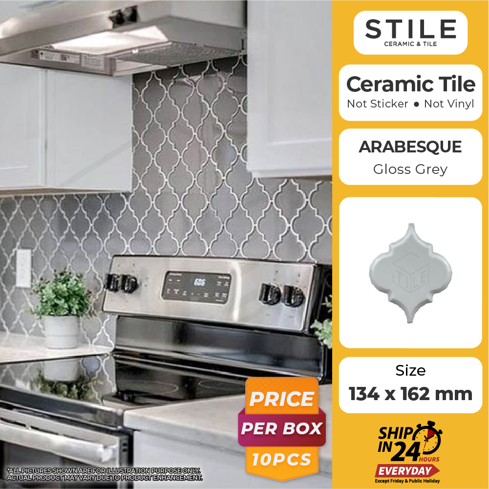 [REAL TILE] 10PCS ARABESQUE GLOSS GREY MOSAIC TILES /MOZEK/CERAMIC ...
