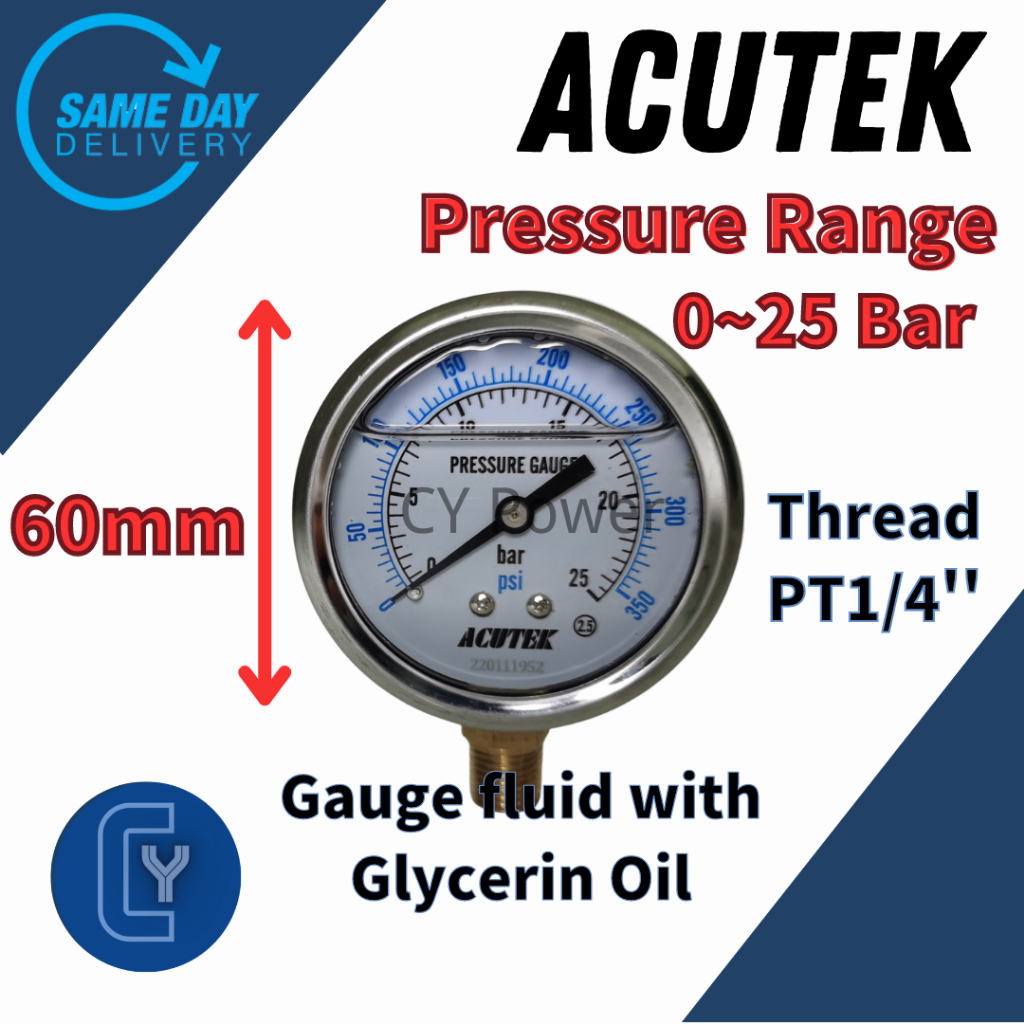 ACUTEK Pressure Gauge 1.0~600Bar Glycerin Oil Pressure Gauge 60mm(2-1/2 ...