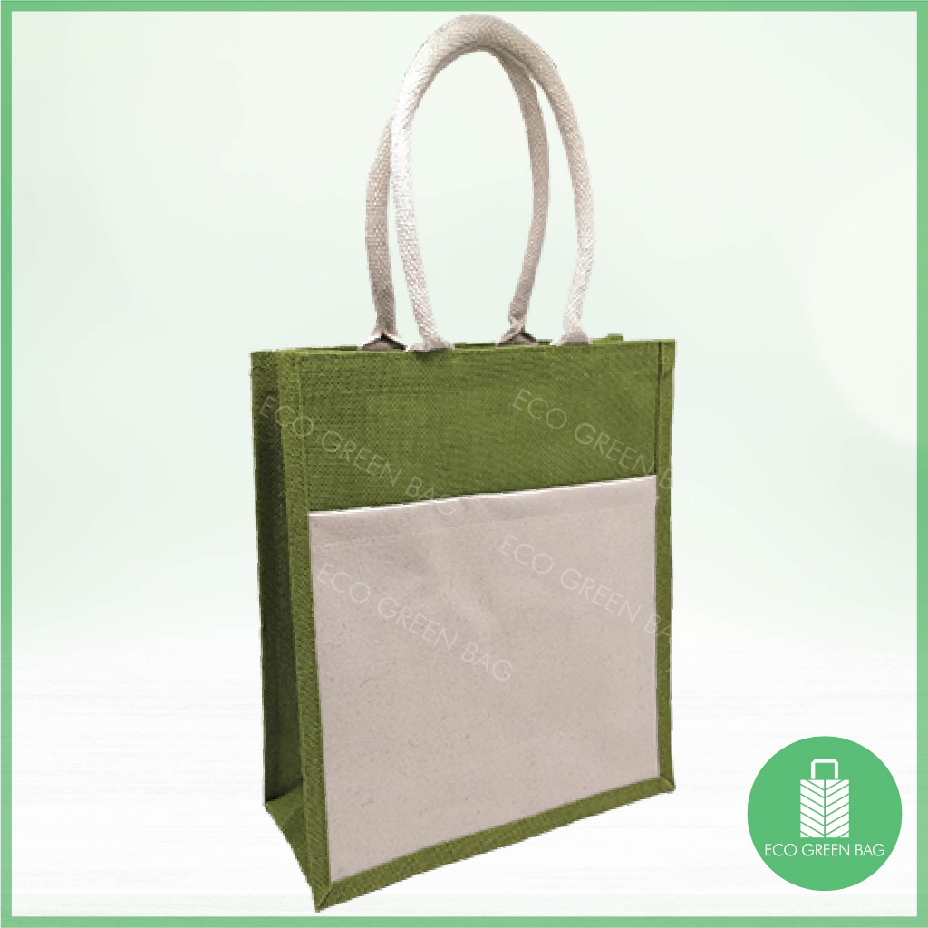 Jute Bag Medium with Laminated Canvas Pocket A4 Beg Jute Medium dengan ...