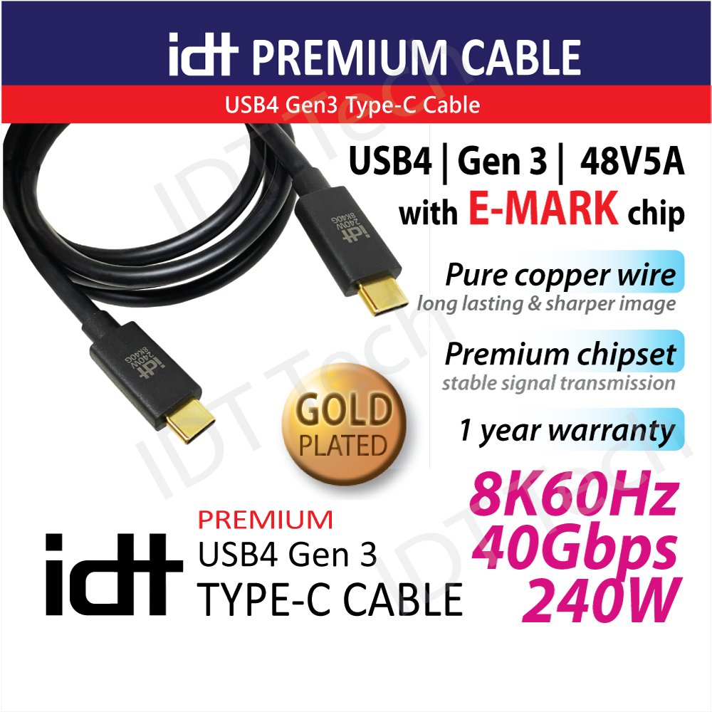 IDT Type C Cable USB4 Gen 3 Display 8K60Hz, EPR power 240W 40Gbps Type ...