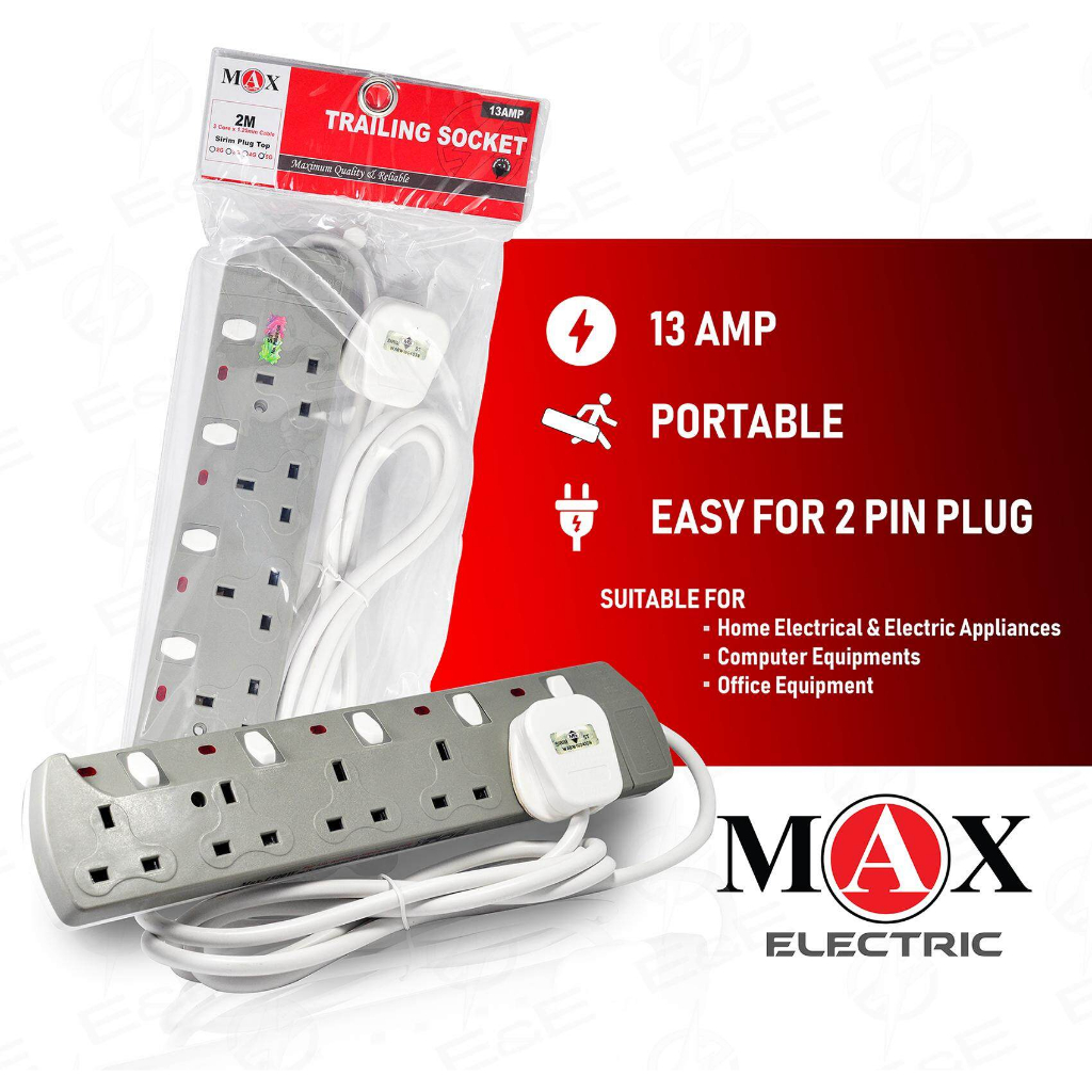 MAXVI TRAILING EXTENSION SOCKET WITH CABLE AND 13A PLUG TOP SURGE ...