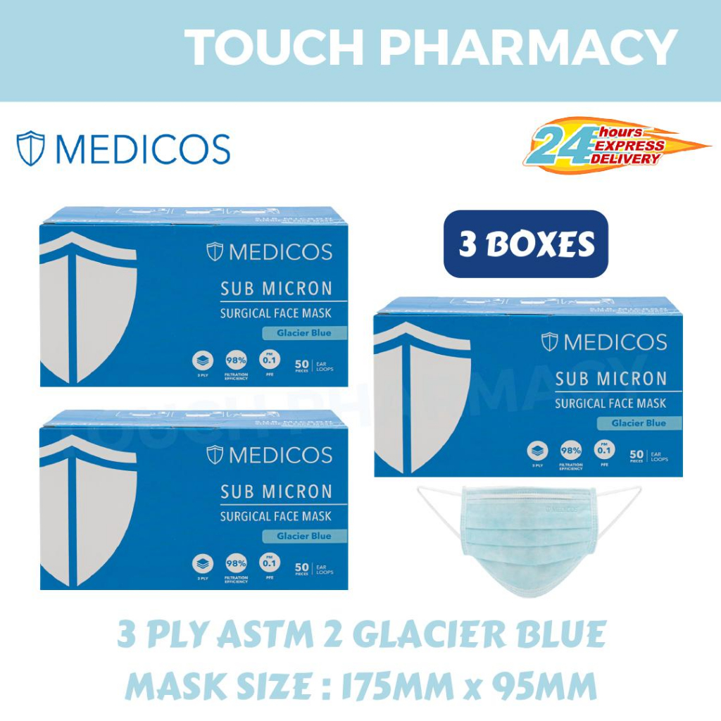[BUNDLE OF 3] MEDICOS Sub Micron Surgical Face Mask (Glacier Blue ...