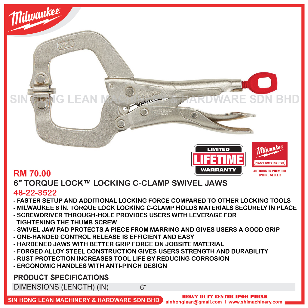 MILWAUKEE 6'' TORQUE LOCK LOCKING C-CLAMP SWIVEL JAWS 48-22-3522 ...