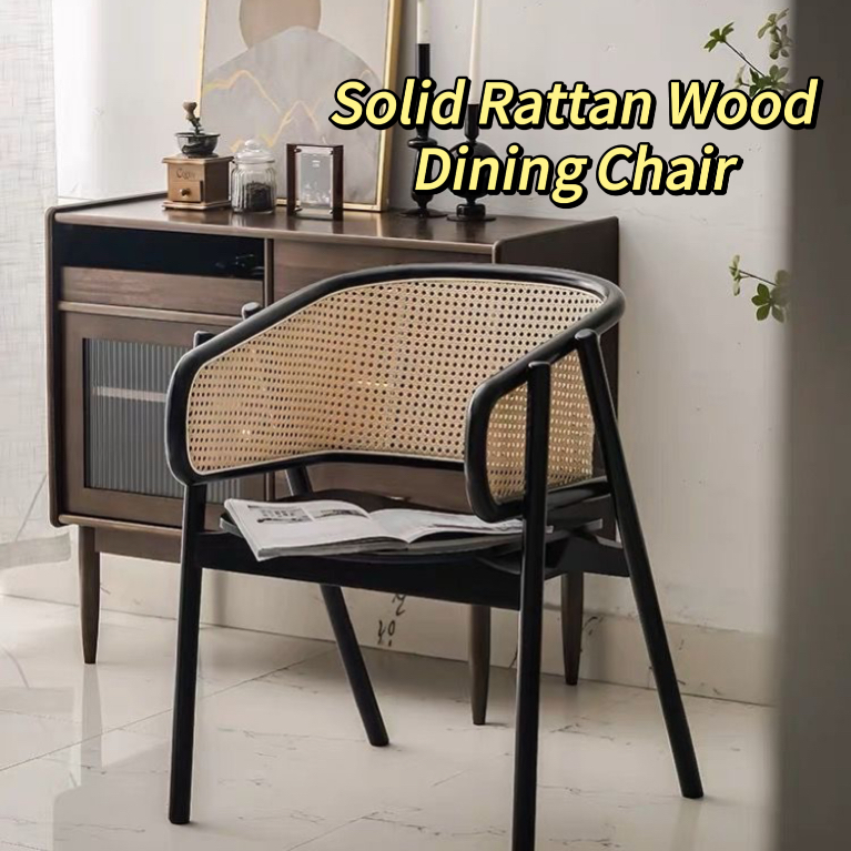 Nordic Rattan Dining Chair With Armrest / Solid Wood Surrounding Chair ...