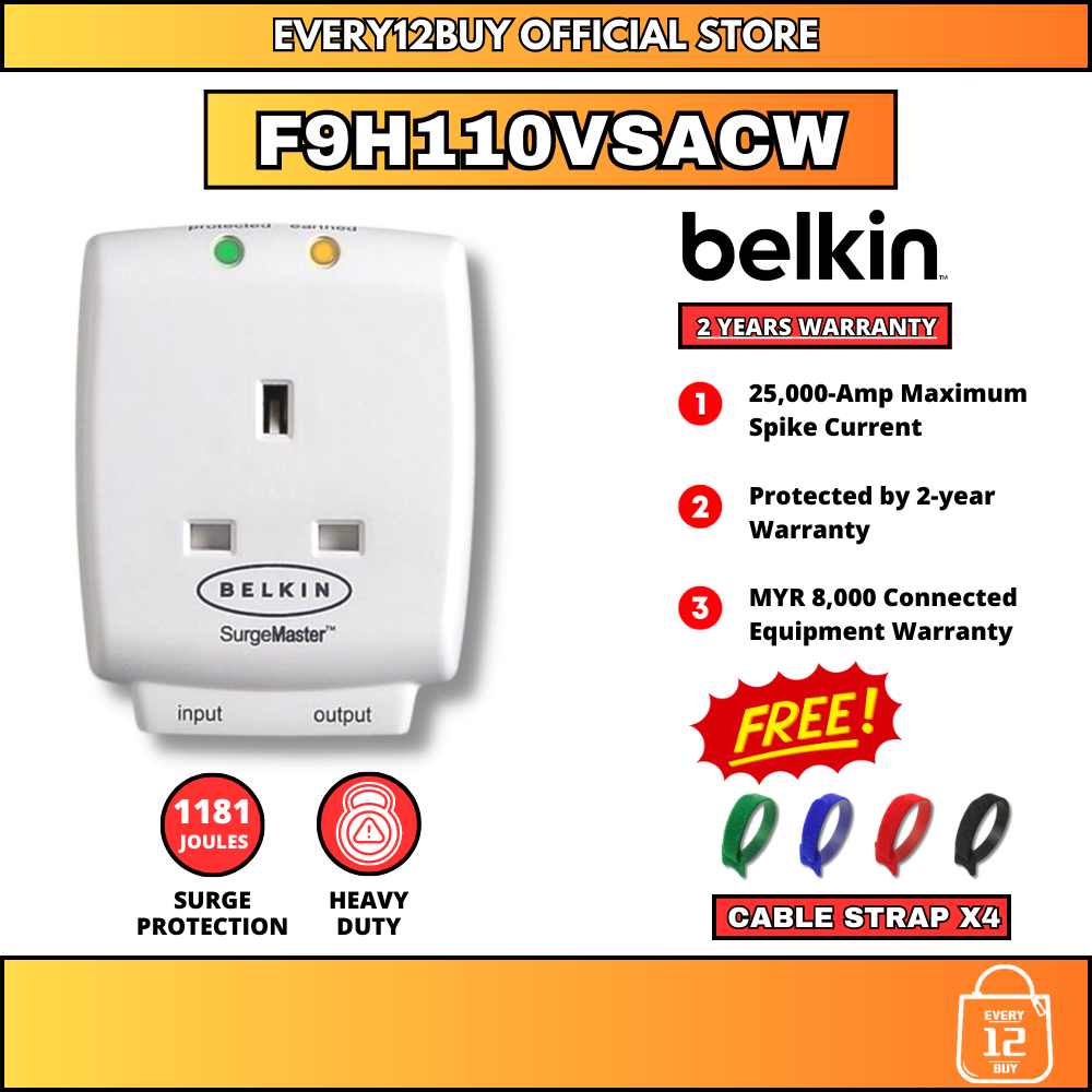 BELKIN F9H110VSACW SINGLE MASTER PLUG CUBE EXTENSION SOCKET WITH SURGE ...