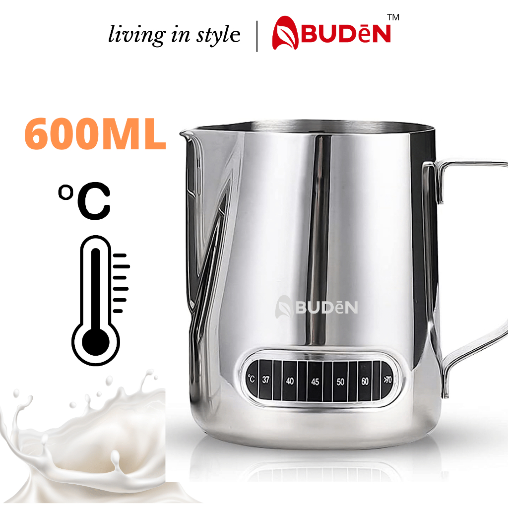 ABUDEN Milk Frothing Jug 600ml/20oz Milk Jug with Thermometer Stainless Steel Milk Pitcher for ...