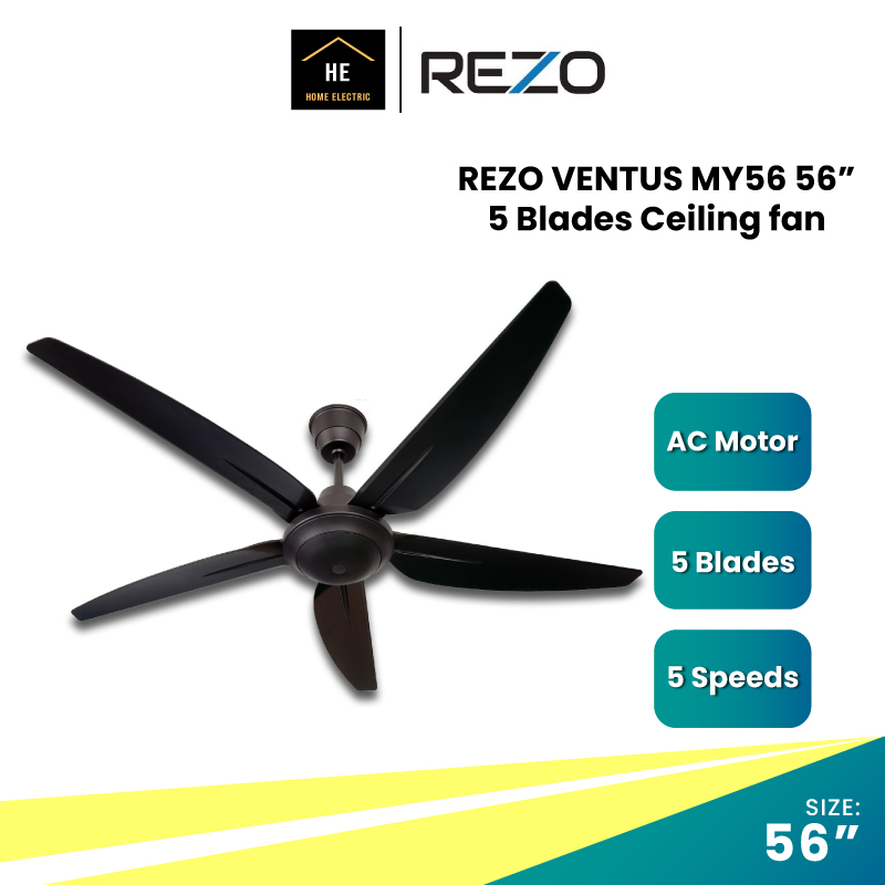 (1 BOX 2 PCS) REZO VENTUS MY56 56” 5 Blades Ceiling fan 5 Speed Remote ...