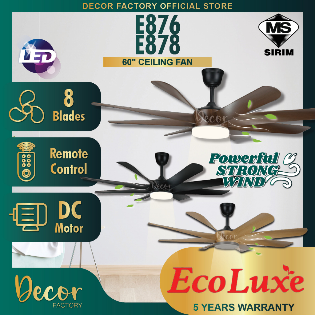 ECOLUXE Fan ECOLUXE E878 E876 60" 8 Blade 6 Speed DC Motor With 3 ...