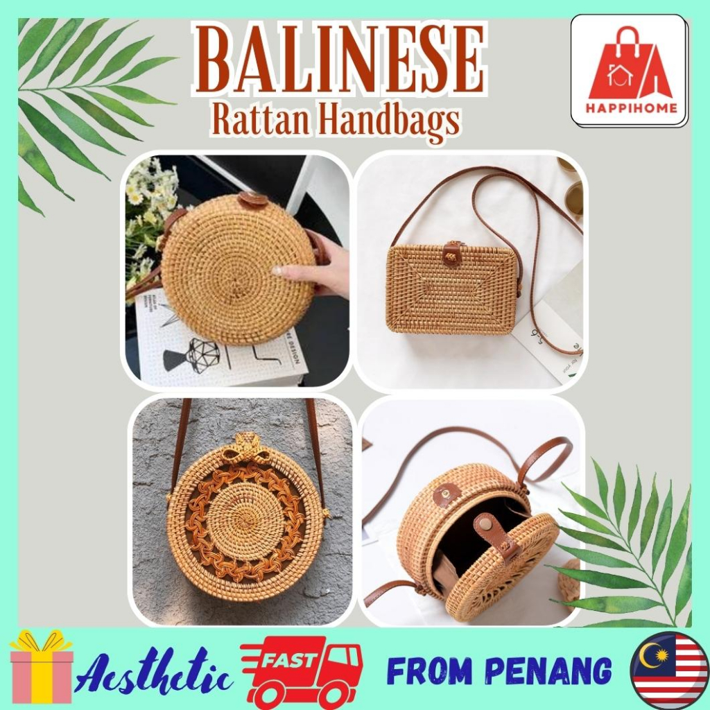 Woven Retro Vintage Rattan Sling Bag Round Bali Bag Anyaman Bag Rotan ...
