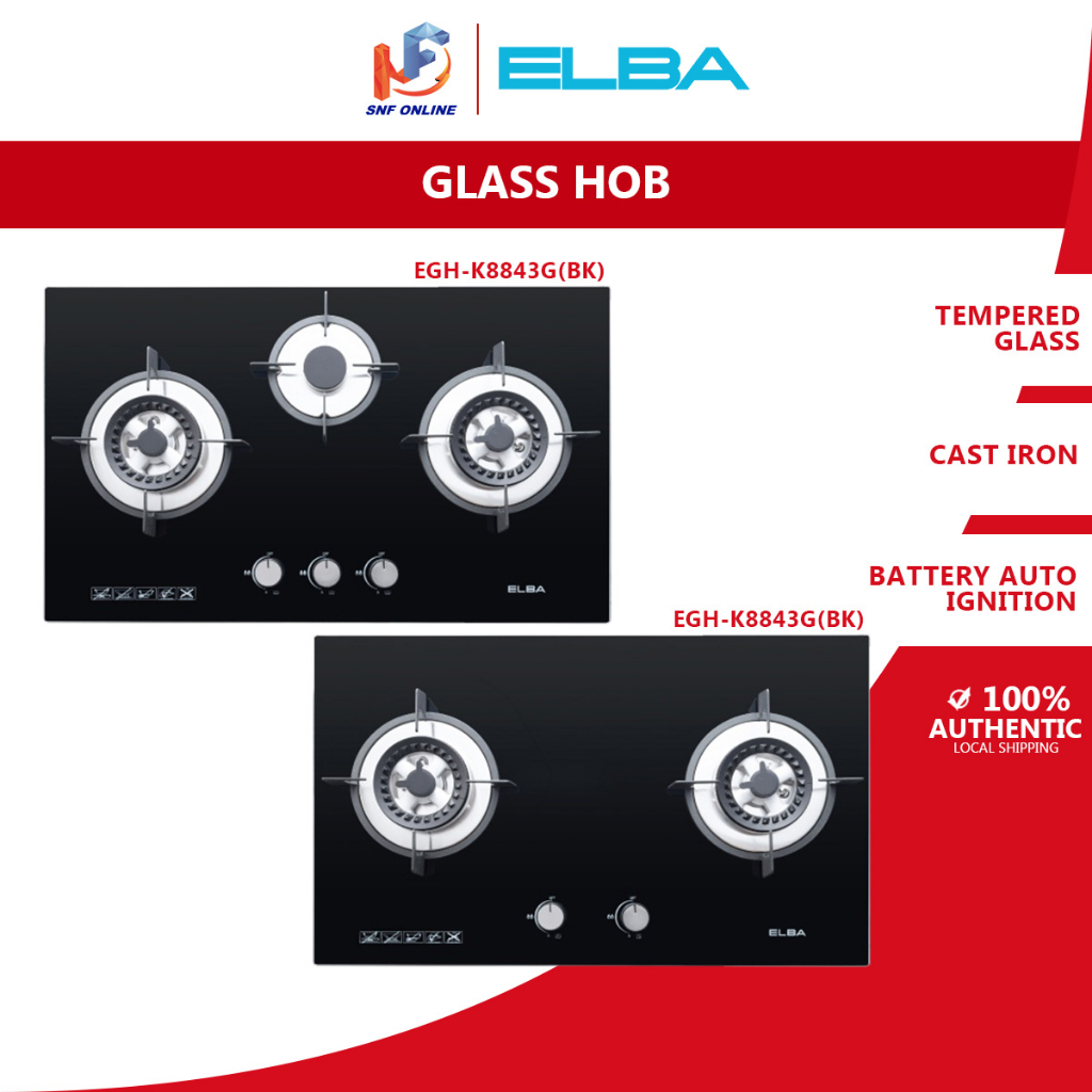 Elba Dapur Gas Kaca Triple Burner Tempered Glass Hob EGH-K8843G(BK) 2 Burner Tempered Glass Hob ...