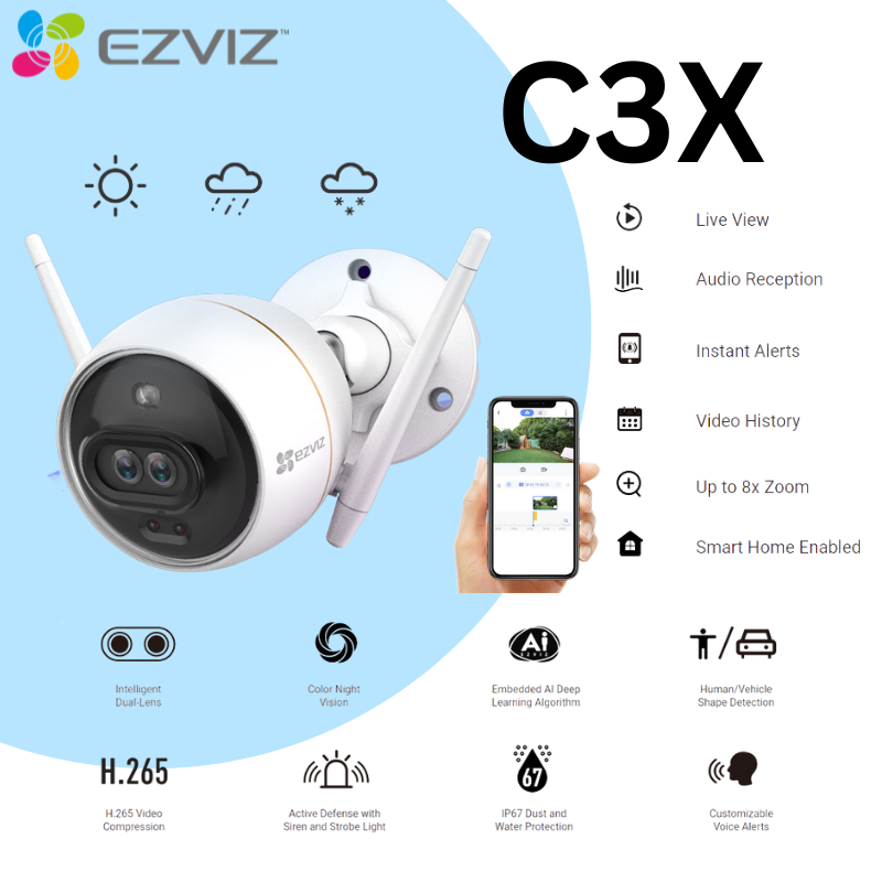 HIKVISION EZVIZ CCTV (Top Global Brand) C3X H3C WIFI WIRELESS 3MP AI-Human Detect Color Night ...