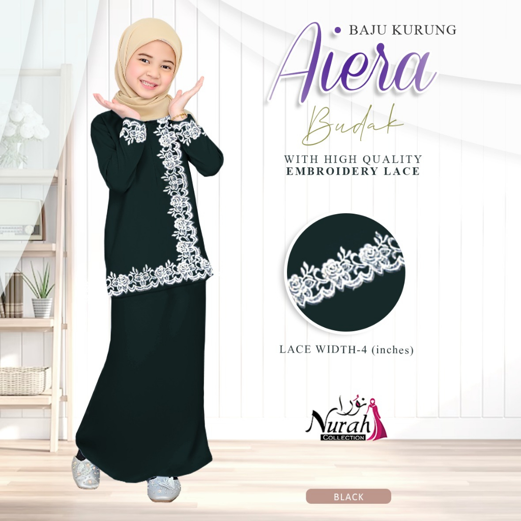 Kids Sulam Baju Kurung Moden Aiera Budak With Front Embroidery Lace Flower Design | Shopee Malaysia