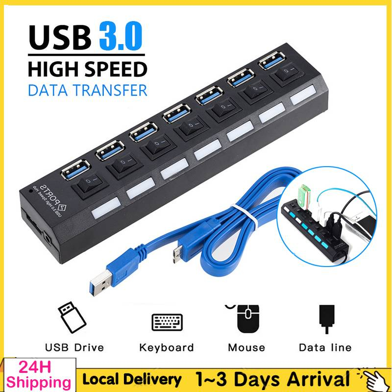 🔥7/4-Port HUBs High Speed USB 3.0 HUB Splitter Computer Charging ...