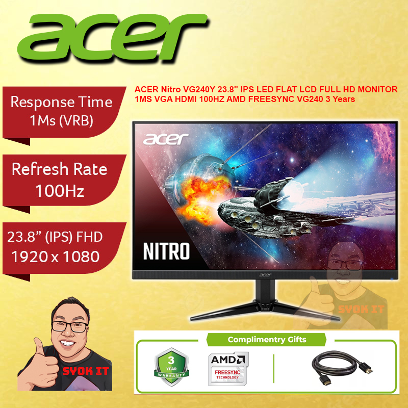 ACER Nitro VG240Y 23.8" IPS LED FLAT LCD FULL HD MONITOR 1MS HDMI DP ...