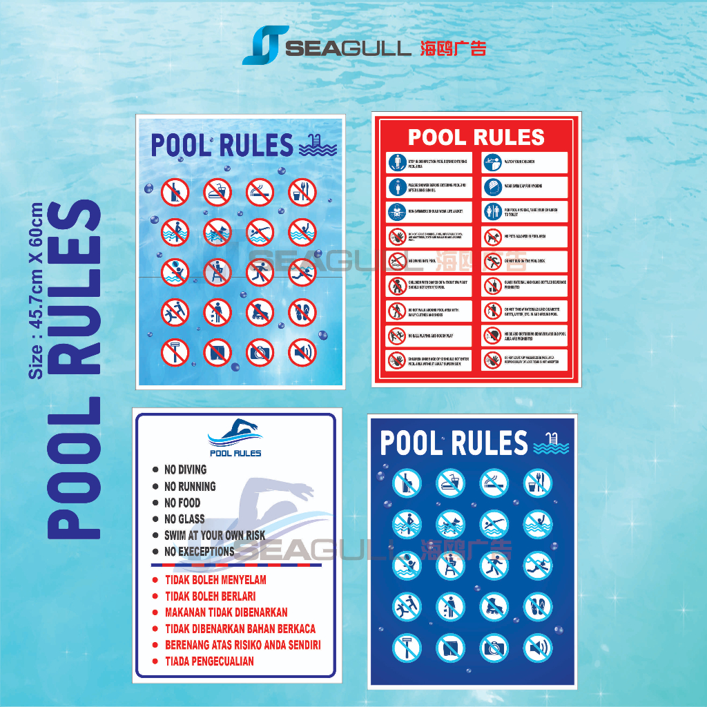Swimming Pool Safety Signage Kolam Renang Pool Rules Sticker with Board ...