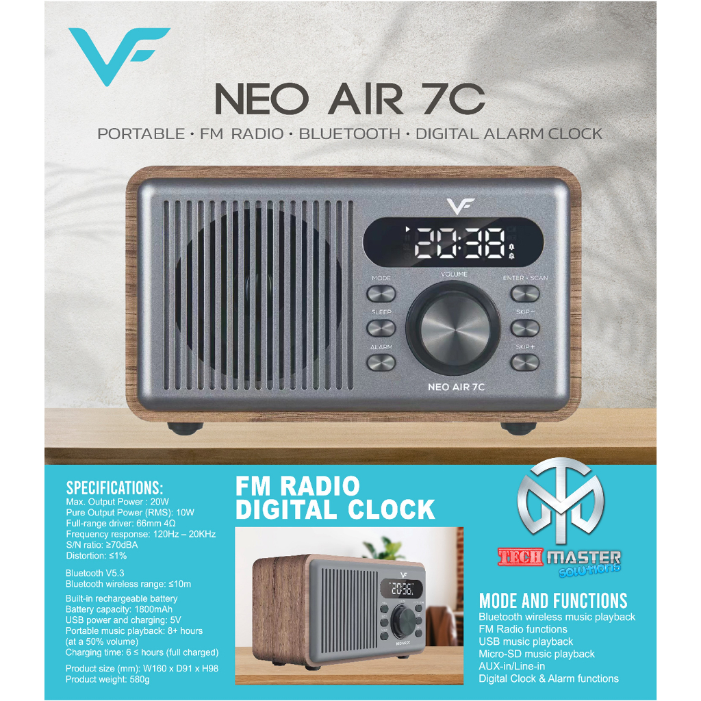 VF Neo Air 7C Digital Alarm Clock Portable Bluetooth Speaker Support FM ...
