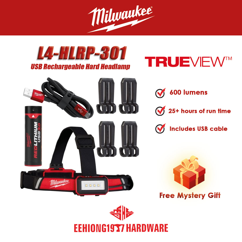 MILWAUKEE L4 HLRP-301 USB LED Rechargeable Hard Hat Lamp 600 lumens ...