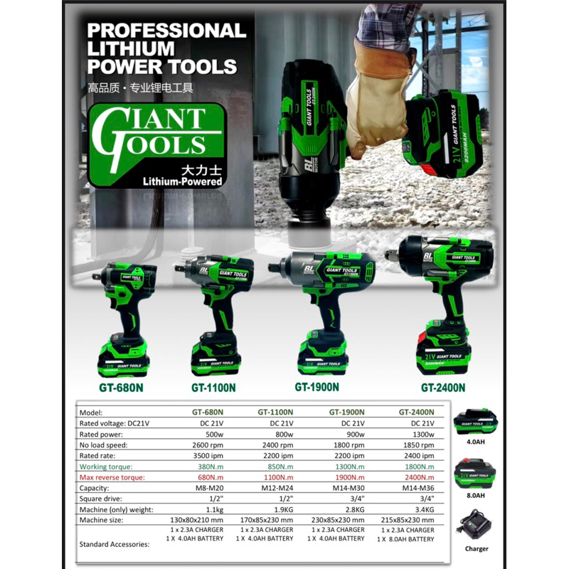 GIANT Cordless impact wrench GT-680N GT-1100N GT-1900N GT-2400N ...