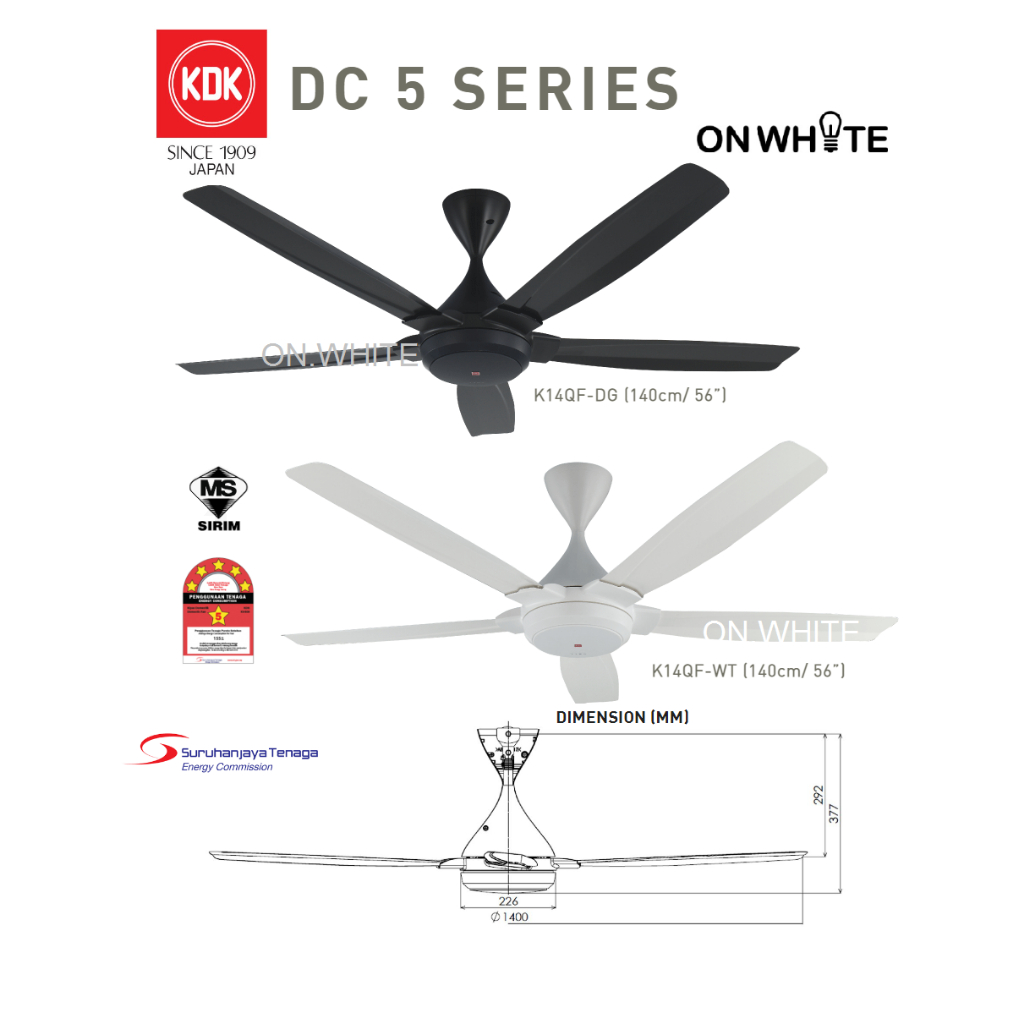 KDK REMOTE CEILING FAN DC5 K14QF 5BLADE ( DG-DARKGREY / WT-WHITE ) DC ...