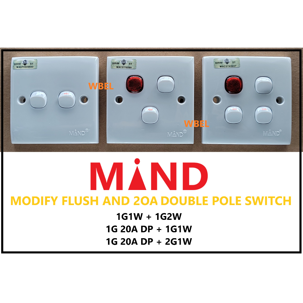 MIND CUSTOM MADE FLUSH SWITCH / 20A DOUBLE POLE SWITCH (1G1W + 1G2W ...