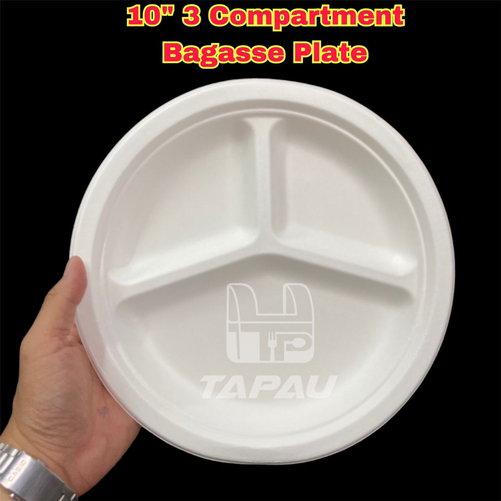 TAPAU - 10" 3 Compartment 三格 Biodegradable Plate [ 50pcs+- ] / Bio ...