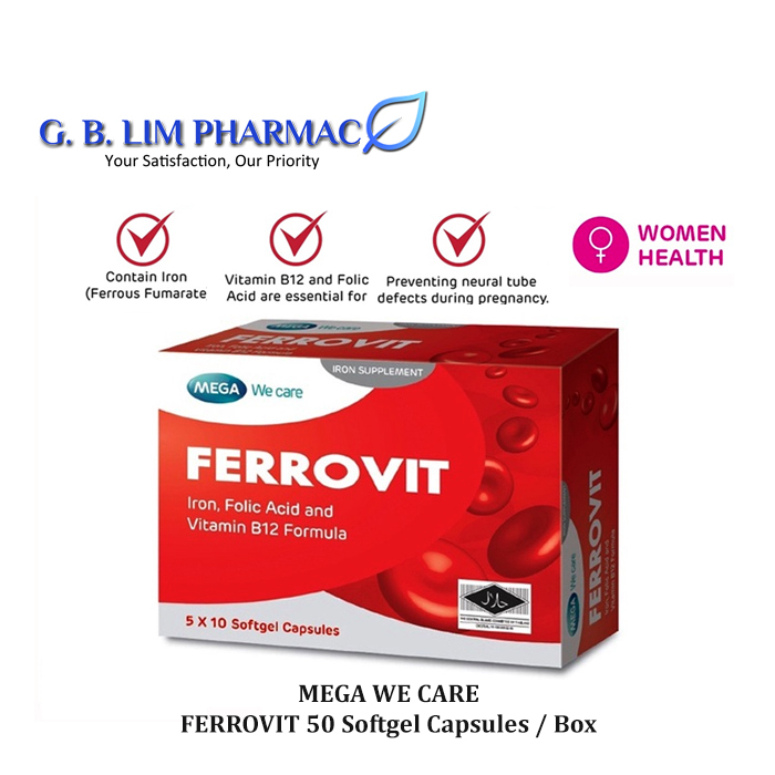 MEGA FERROVIT IRON, FOLIC ACID AND VITAMIN B12 FORMULA 50 SOFTGELS ONE ...