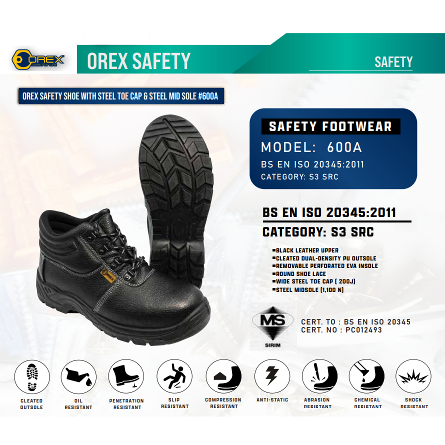 [SIRIM DOSH] OREX #600A BLACK MIDCUT LACE-UP SAFETY SHOE WITH STEEL TOE ...